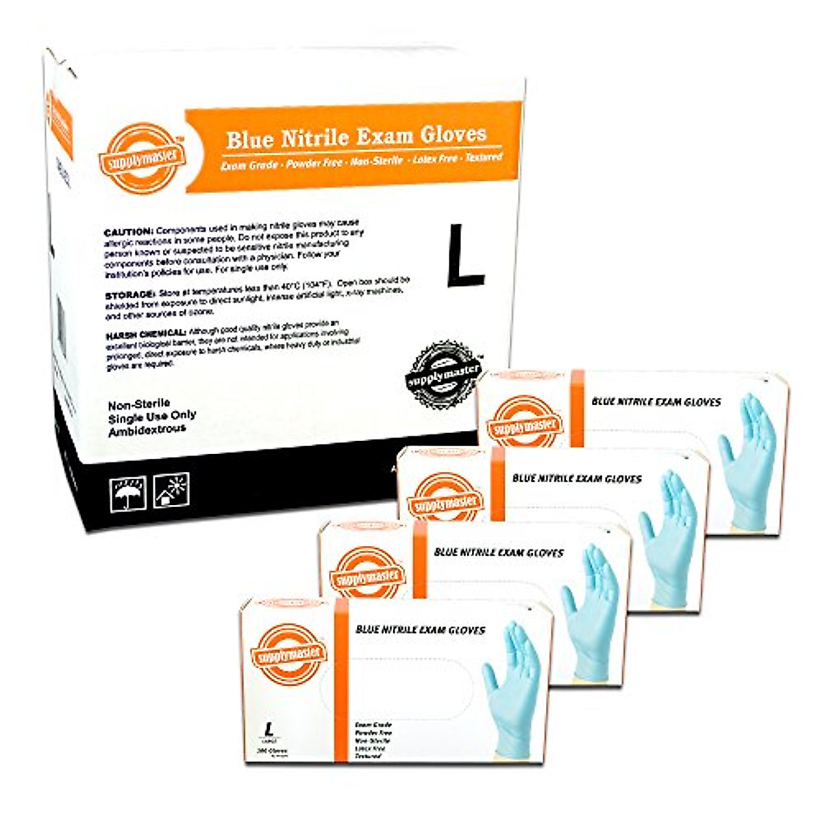 SupplyMaster SMBLNE3L Blue Nitrile Exam Disposable Gloves - 3 Mil, Powder Free, Non-Sterile, Latex Free, Textured, Ambidextrous, Large, Case of 400
