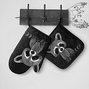 VGFJHNDF Cartoon Cute Raccoon Oven Mitts and Pot Holders Set,Heat Non-Slip Resistant Waterproof Gloves for Kitchen Cooking Baking,BBQ,Grilling