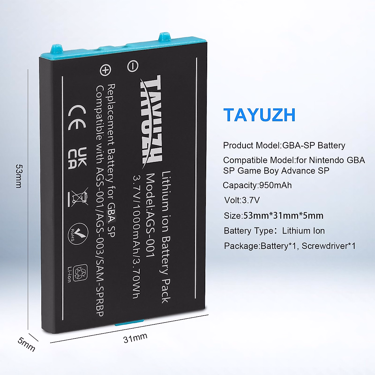 TAYUZH Battery for Game Boy Advance SP, 1000mAh Rechargeable Lithium-ion Battery for Nintendo Gameboy Advance SP GBA SP AGS-001, SAM-003