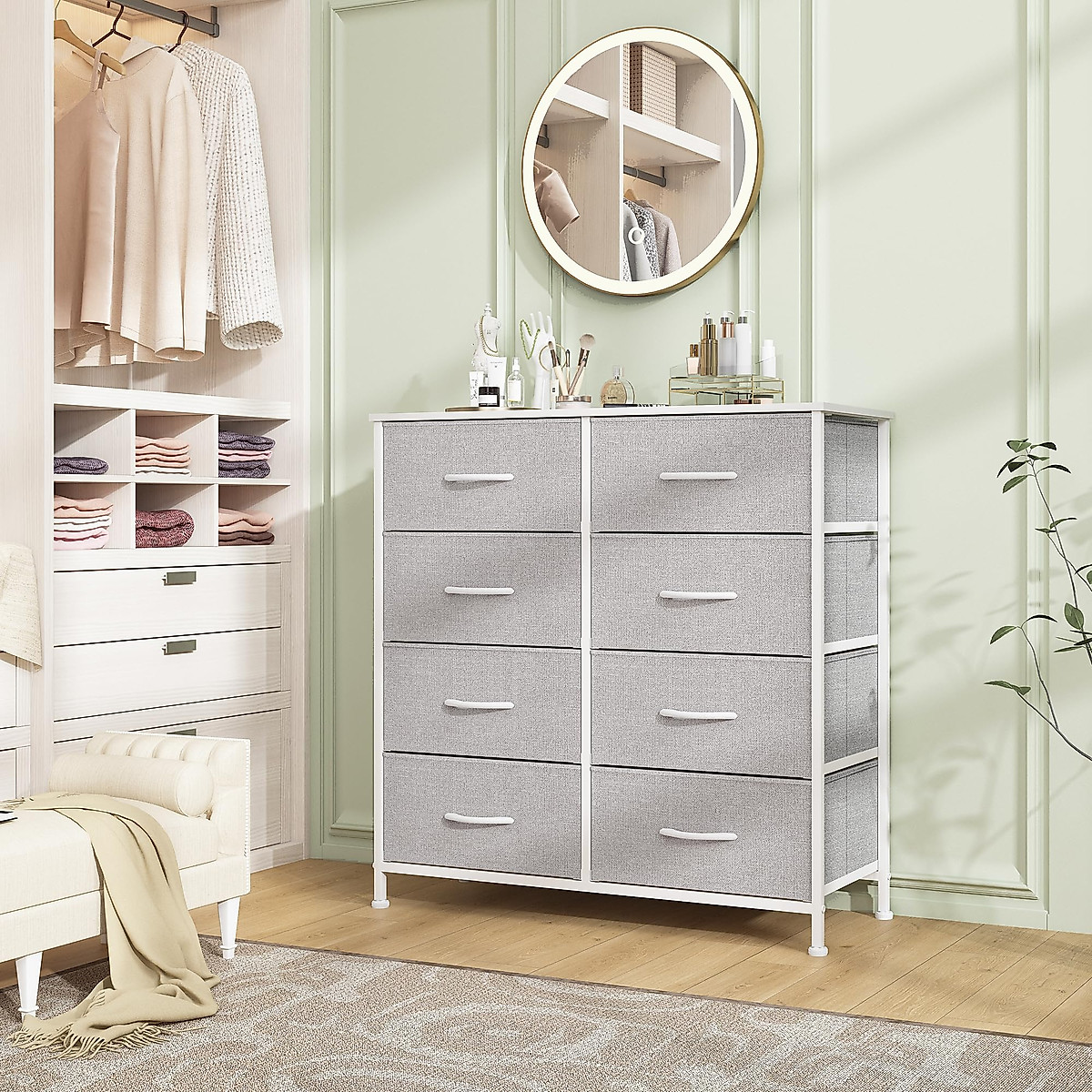LYNCOHOME Dresser for Bedroom with 8 Drawers, Fabric Dresser for Baby Kids, Dresser Organizer, Sturdy Steel Frame, Lightweight and Movable Chest of Drawers, Snow Gray