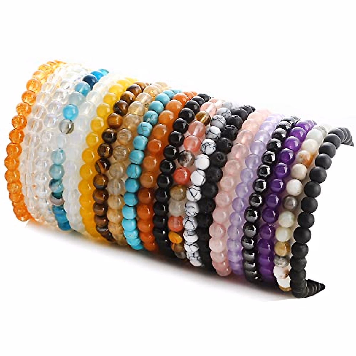 JEWPARK 20Pcs Gemstone 6mm Round Beads Bracelet Set Healing Crystal Stone Stretch Bracelets for Men Women Round Beaded Elastic Bracelets