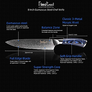 Chef Knives,FineTool 8 inch Professional Kitchen Knife Japanese Damascus VG10 67 Layer Stainless Steel Knives with Ultra Sharp Blue Micarta Handle