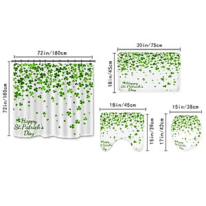 Casdseci 4Pcs Green St. Patrick's Day Shower Curtains Set with Non-Slip Rugs, Toilet Lid Cover and Bath Mat, Lucky Shamrocks Waterproof Bathroom Curtain with 12 Hooks 72 x 72 Inch