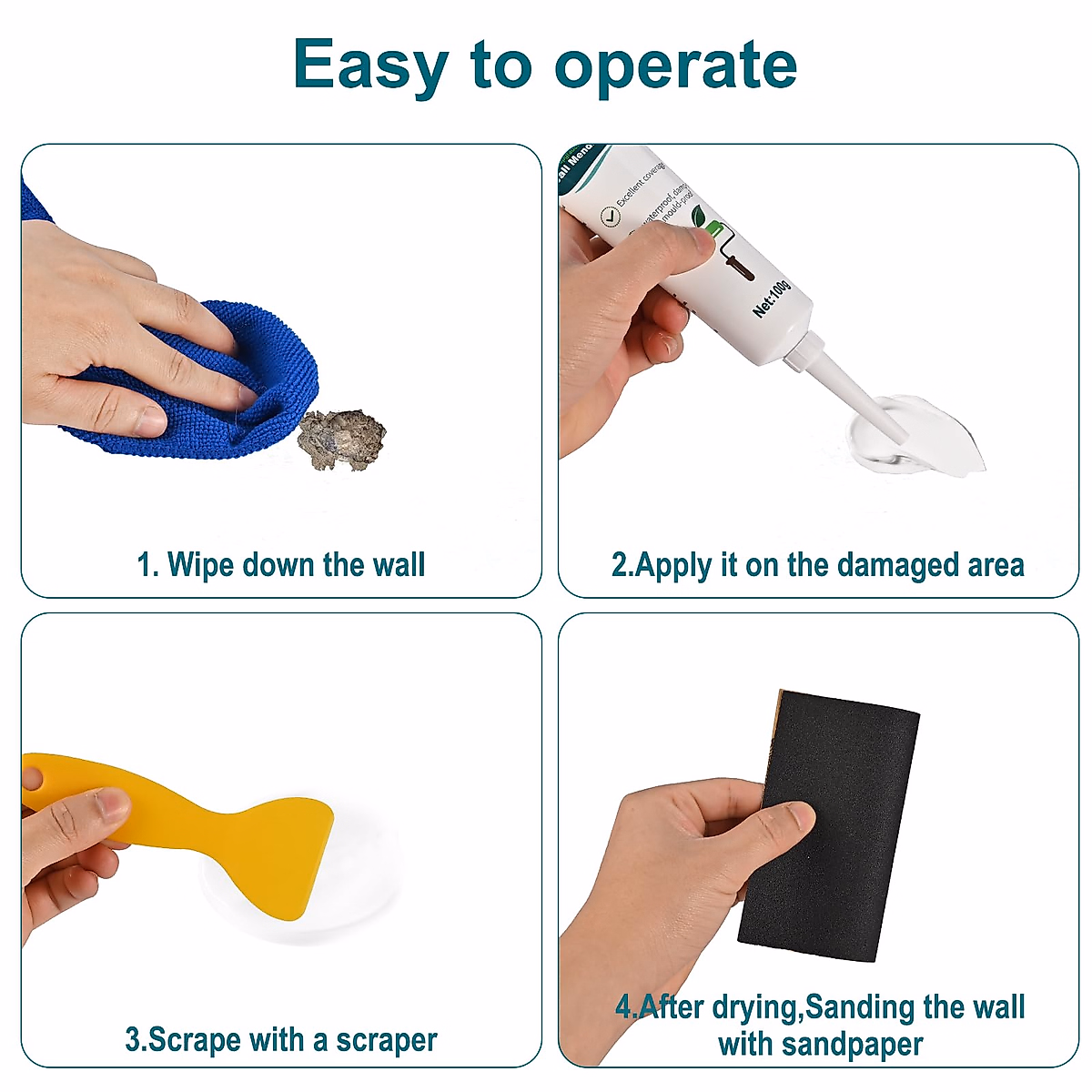 Faburo 3 Pack Drywall Repair Kit, Wall Mending Agent(100g*3), Spackle Wall Repair Patch Kit with Scraper, Drywall Repair Clips Dry Wall Patch Kits Fast-Drying Wall Patch Repair Kit