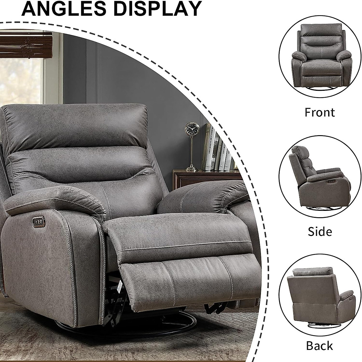 LAVHOME Electric Dual Motor Rocker Recliner USB Ports, 240 Degree Swivel Adjustable Rocking Chair with Power Headrest, Single Sofa Seat with Footrest for Living Room, XL, Gray