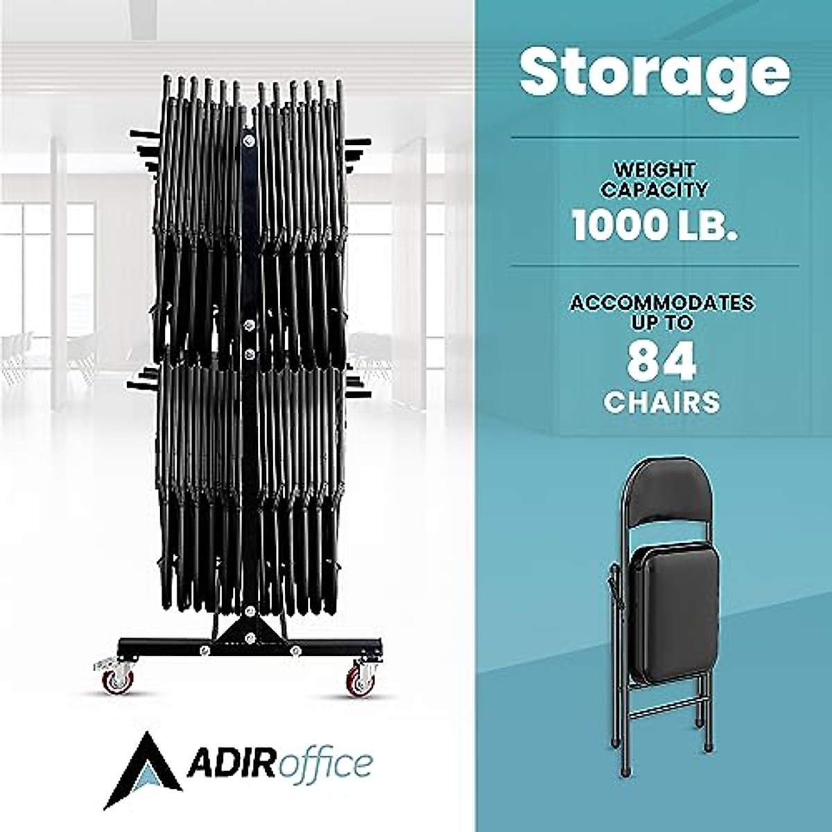 AdirOffice Two Tier Folding Chair Cart- Hanging Foldable Seats Wheeled Carrier - Steel Body Truck with Locking Swivel Caster Wheels - Up to 400 Lbs Weight Capacity and Holds 48 Folding Chairs