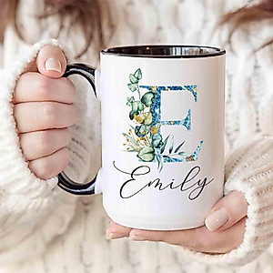 Yanria Personalized Floral Alphabet Mug, Ceramic, 11oz, Microwave & Dishwasher Safe, Custom Name Mug Gift for Women & Men