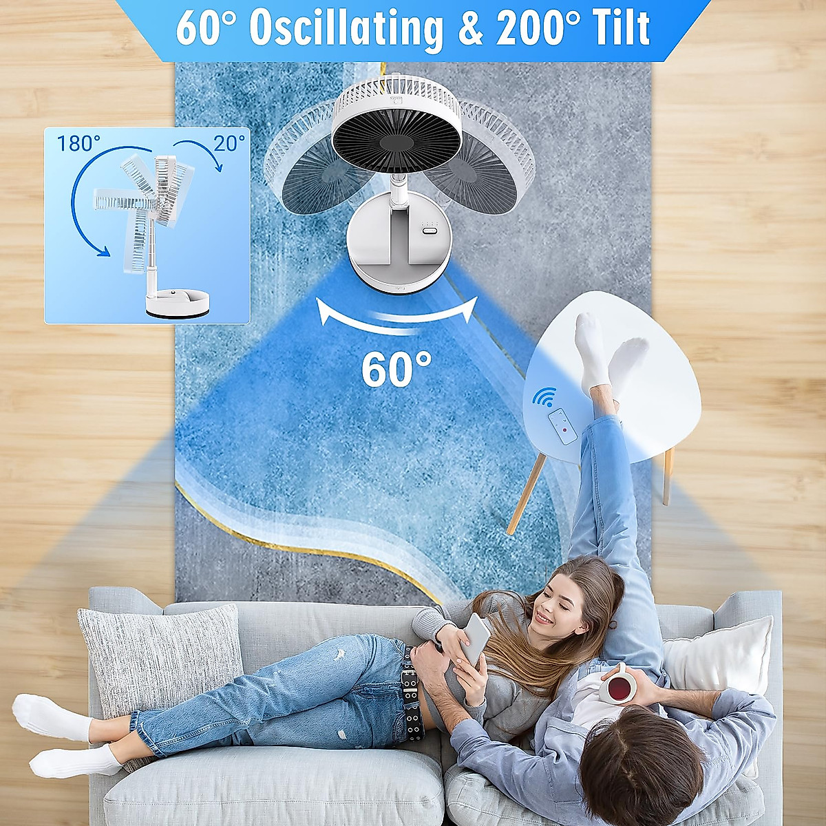 LIPETY Portable Foldable Rechargeable Oscillating Fan - 8" 7200mah Battery Operated USB C Small Fan Remote, Quiet Table Desk Fan Folding Standing Pedestal Fan for Bedroom Rome Office Camping Travel