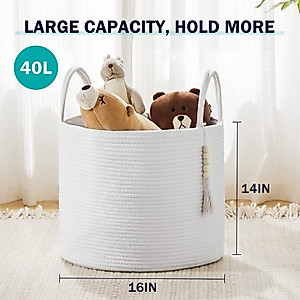 YOUDENOVA Woven Rope Laundry Hamper Basket, 46L Luandry Basket, Baby Nursery Hamper for Blanket Storage, Clothes Hamper for Laundry in Bedroom- 16"×16"×14"- White