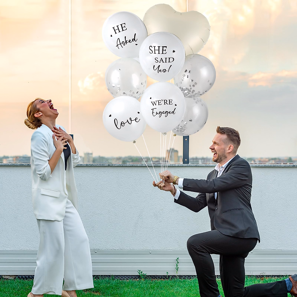 54Pcs Engagement Party Balloons Engagement Party Decorations He Asked，She Said Yes Balloon Cream Heart Shape Silver Confetti Latex Balloon for Bridal Shower Engagement Wedding Party Supplies