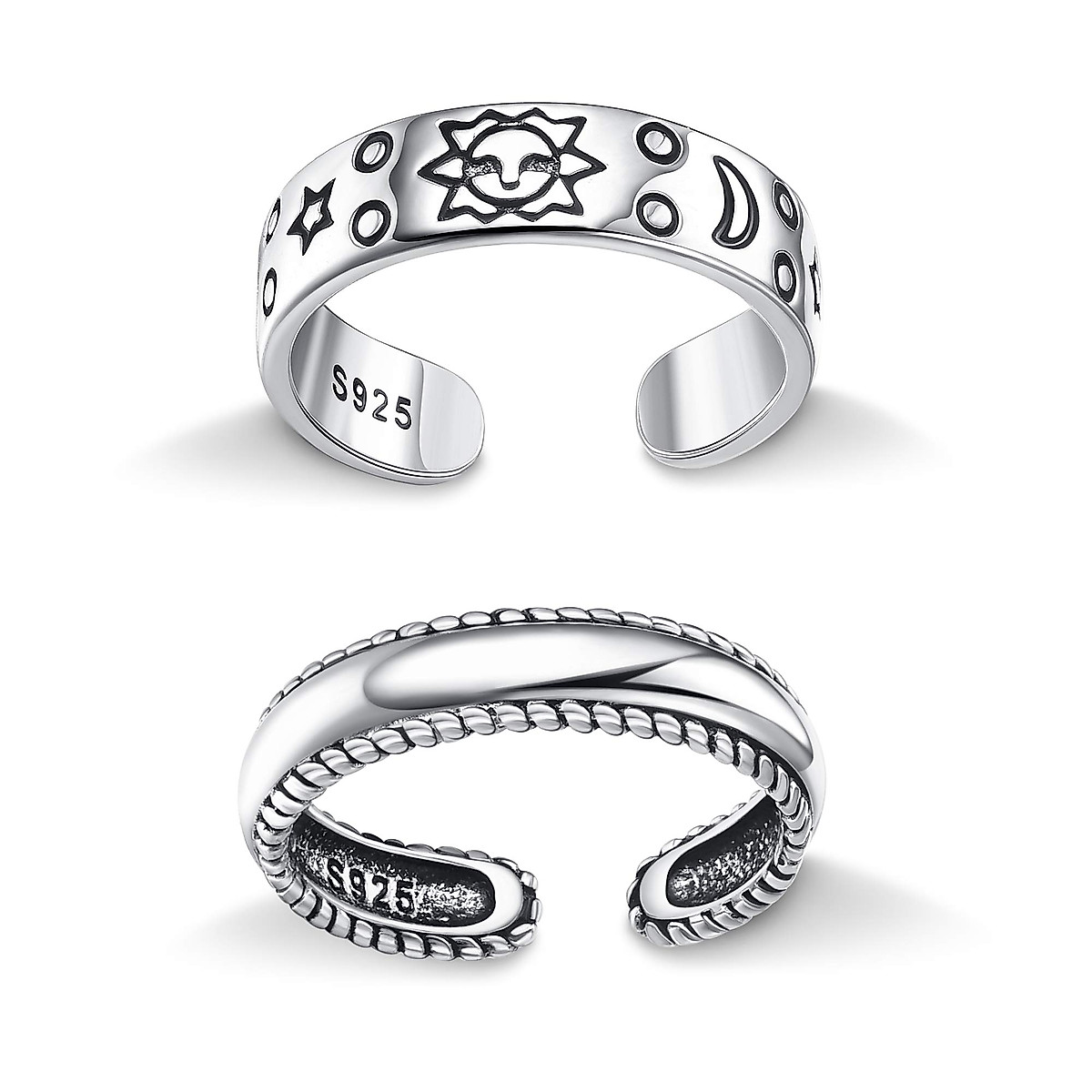 MILACOLATO 2Pcs Sterling Silver Toe Rings for Women 18K White Gold Plated Adjustable Toe Rings Vintage Sun Moon and Star Band Toe Rings Summer Beach Foot Jewelry