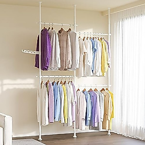 DYN Ptah Floor to Ceiling Adjustble Garment Rack, Heavy Duty Double 2-Tier Clothes Rack, Free Standing Clothes Laundry Drying Rack, Clothing Hanger Tension Rod Closet System Wardrobe Storage White