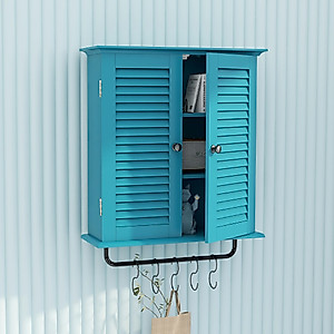 TaoHFE Bathroom Cabinet Wall Mounted Turquoise Designer Bathroom Wall Cabinet Medicine Cabinet with Double Shutter Doors 3 Tier Adjustable Shelf with Towel Rack Over The Toilet Storage Cabinet Laundry