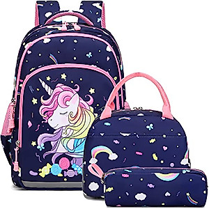Meisohua Unicorn Backpack for Girls School Backpack 3 in 1 Set Elementary Kindergarten School Bags for Girls with Chest Strap and Lunch Tote Pencil Bag