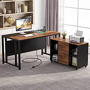 Tribesigns L-Shaped Computer Desk with Power Outlet and Drawer Cabinet, 55 inch Large Executive Office Desk Business Furniture with 40 inch Lateral File Cabinet Printer Stand for Home Office(Brown)