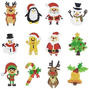 eZAKKA 12Pcs Christmas Stickers Kits，5D DIY Kits Sticker Painting by Numbers Full Round Drill Art Craft，Easy to DIY Creative Craft by Numbers Kits for Kids and Adult
