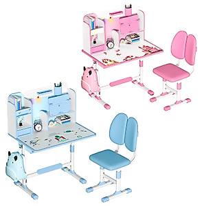 Frogued Children's Adjustable Study Desk and Chair Set, Height Adjustable Kids Study Table Chair Set with Astronaut Pattern, Ergonomic Writing Desk with Storage Drawer and Bookshelf (Upgraded Blue)