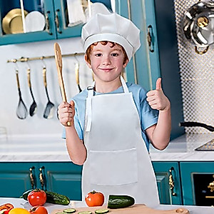 SUNLAND Kids Apron And Hat Set Children Chef Apron For Cooking Baking Painting White(S:3-6 Years)¡­