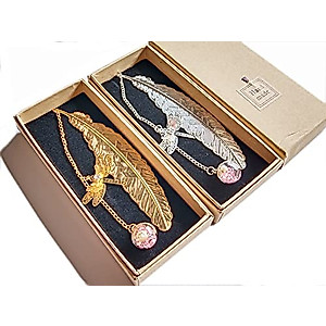 2pcs Vintage Metal Feather Bookmarks with Dragonfly Pendant,Student Reading Page Markers,Graduation Teacher Appreciation Thanksgiving Birthday Pretty Gift for Women Girl Kids Readers(Pink Diamond）