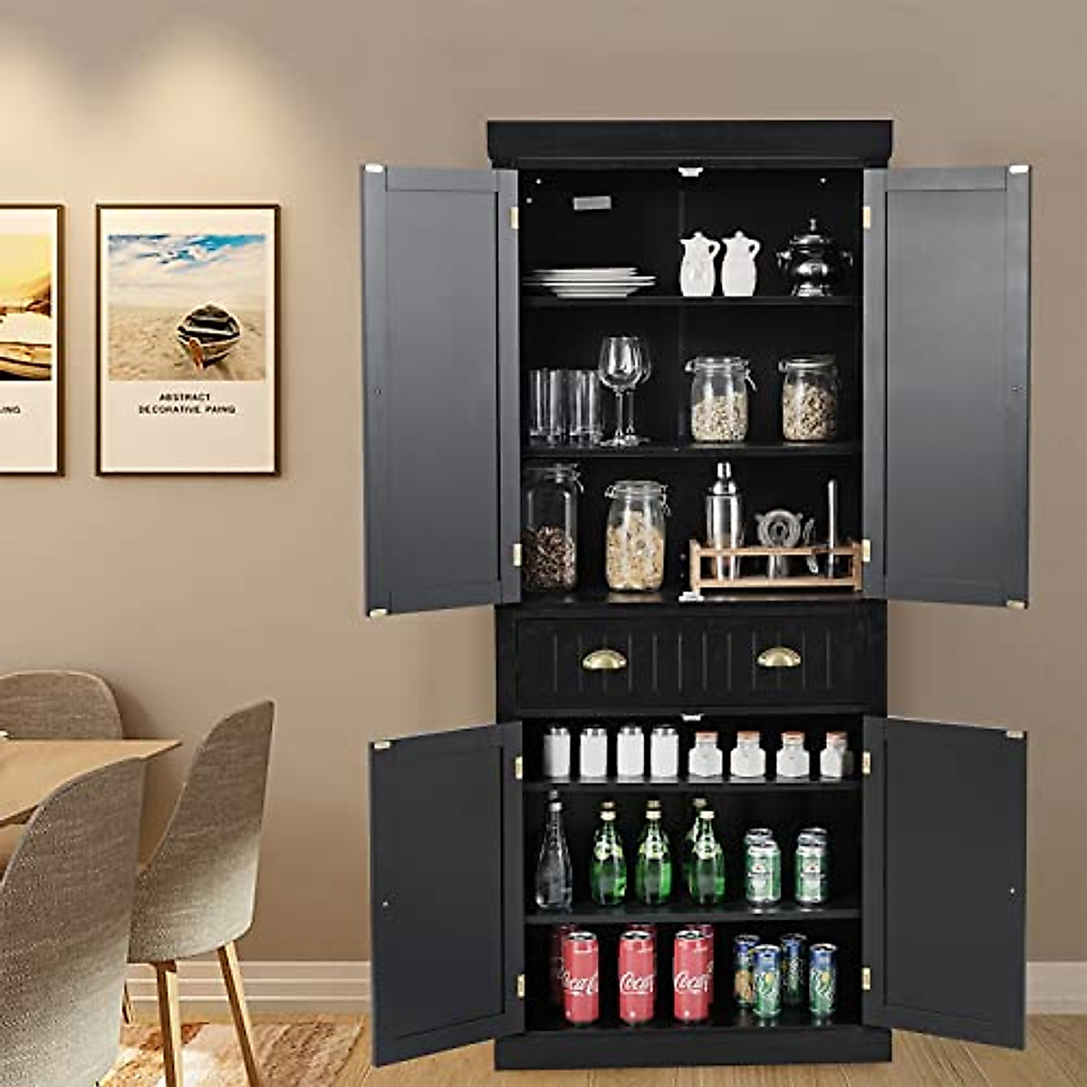 Tangkula 72" H Kitchen Pantry Cupboard Cabinet, Traditional Freestanding Large Tall Storage Cabinet with 2 Cabinets and Drawer, Adjustable Shelves Design, for Living Room Kitchen, 30 x 16 x 72 Inch
