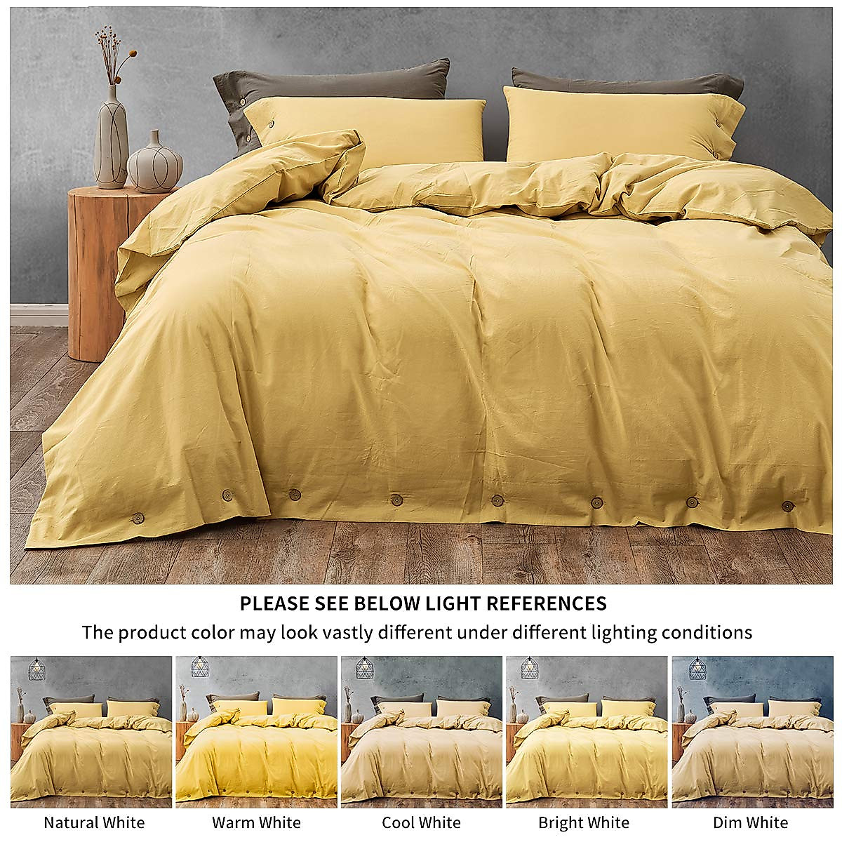 melingo Cotton Duvet Covers King Size, Mustard Yellow Quilt Cover, Soft, Cooling, Breathable Bedding Collection with Buttons Closure. 3 Pieces Solid Color (1 Comforter Cover + 2 Pillow Cases)