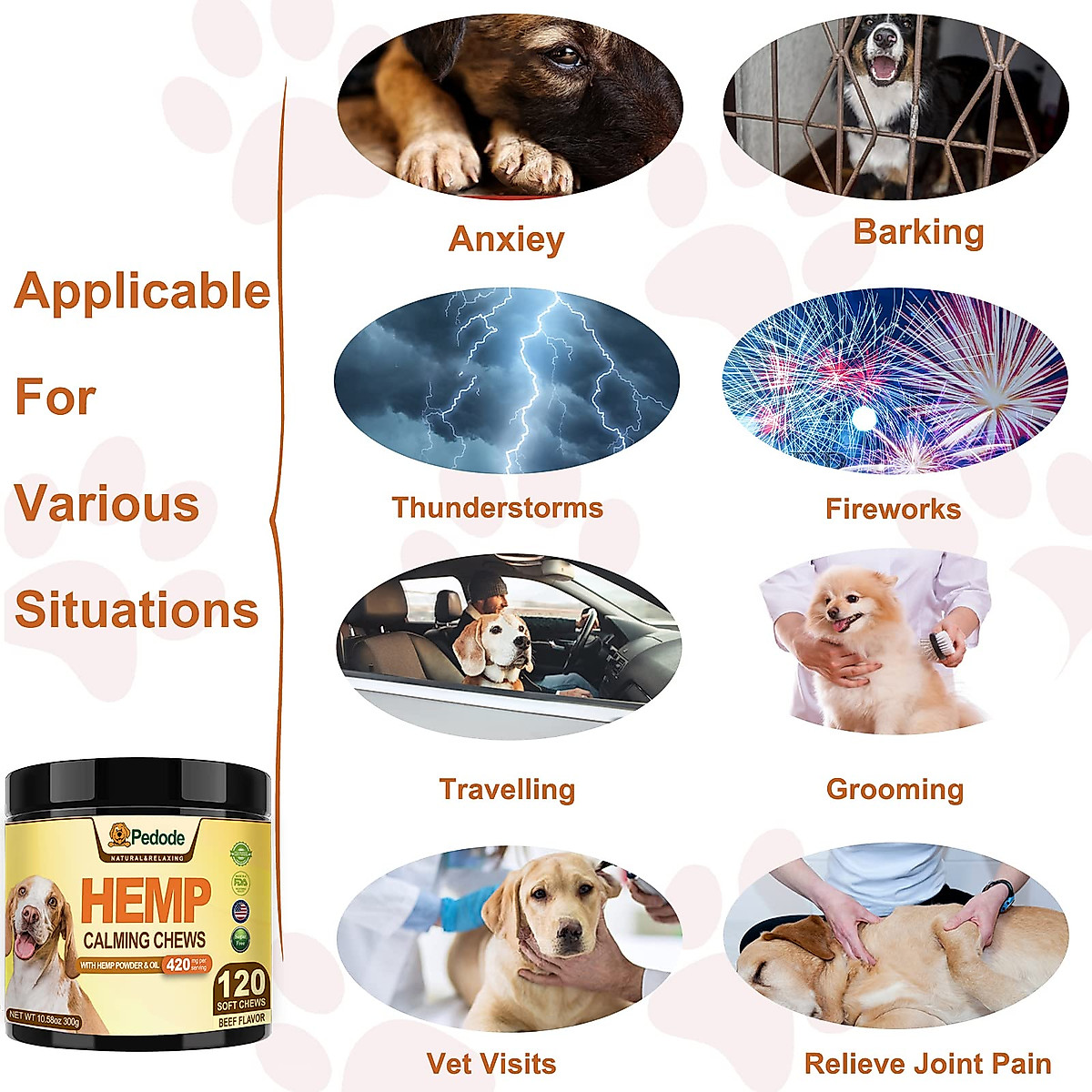 Pedode Hemp Calming Chews for Dogs Help with Dog Anxiety Relief, Stress, Seperation, Barking, Storms, Thunder - Dog Calming Treats - 120 Count - Beef Flavor