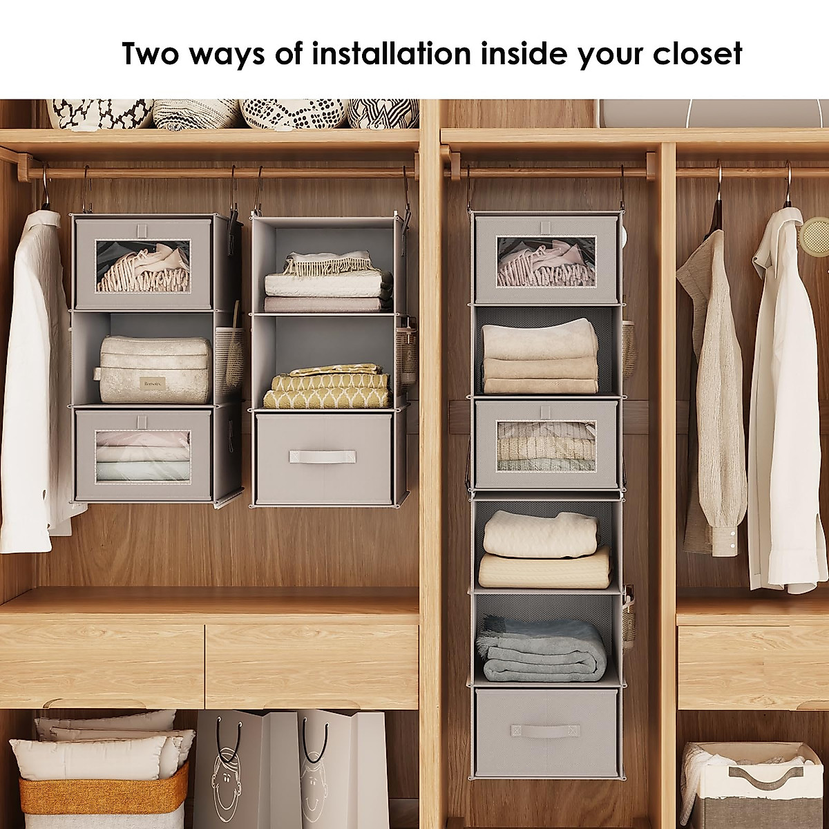 Fixwal 1 Pack 6-Shelf Hanging Closet Organizer, 2 Separable 3-Shelf Hanging Shelves with 3 Drawers Clothes Organizer Shelves for Bedroom Closet Rack