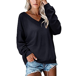 OUGES Womens Tie Back Knit Tops V Neck Long Sleeve Casual Sweater Pullover（Navy,M）