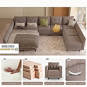LLappuil Velvet Modular Sectional Sofa with Reversible Chaises, 7 Seater U Shape Sectional with Storage, Waterproof, Anti-Scratch and Antistatic Modular Couch for Living Room, Brown