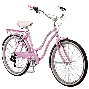 Schwinn Perla Adult Beach Cruiser Bike & Colorbasket 01334 Adult Front Handlebar Bike Basket, All Weather, Water Resistant, Adjustable Leather Straps, White with Pink Trim