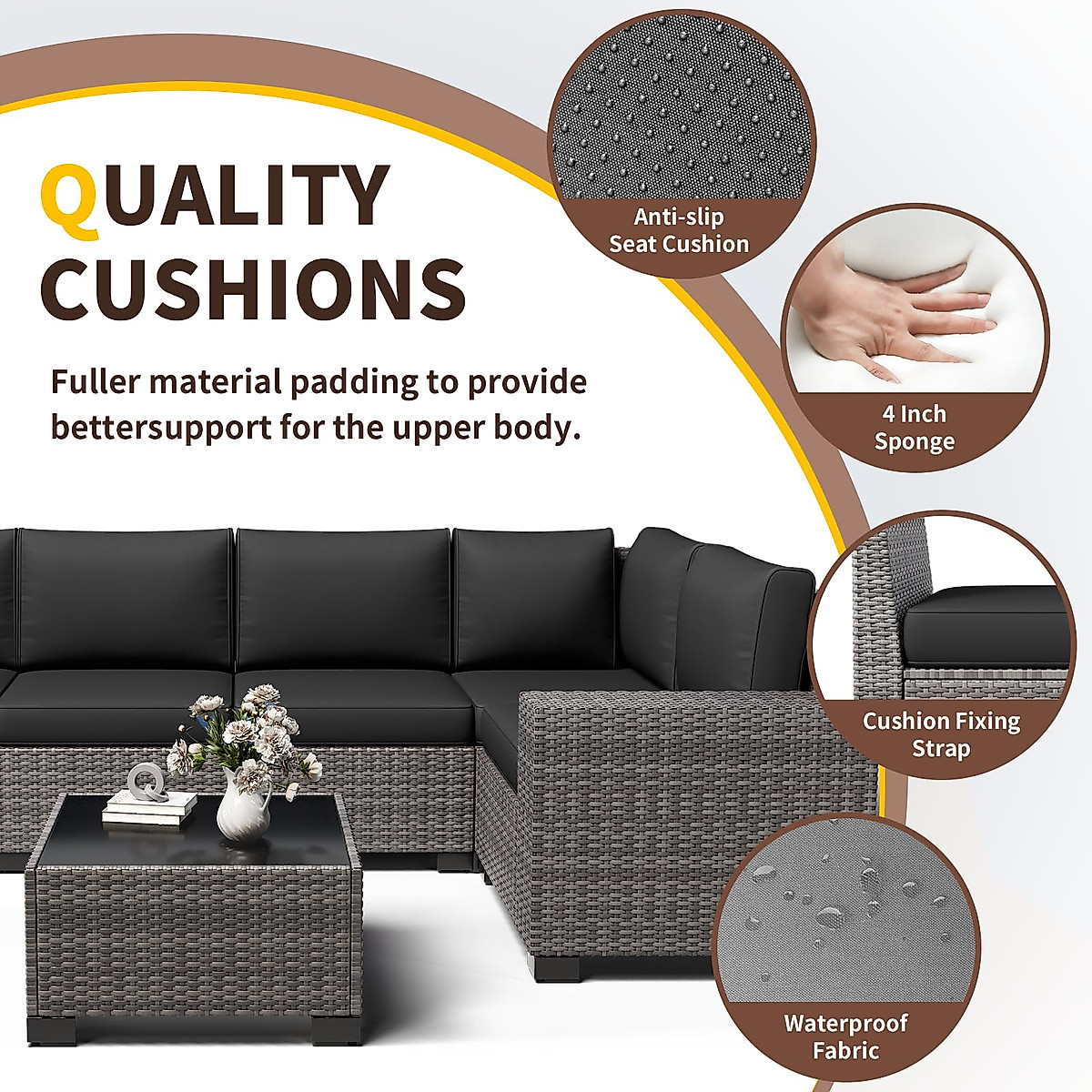 Poteban Outdoor Patio Furniture Set, 8'' Wide armrest Outdoor Sectional Rattan Sofa Set, Wicker Patio Furniture Sets w/Coffee Table,Thick Cushions and Cover for Porch, Balcony,Deck 6 PCS(Grey&Black)