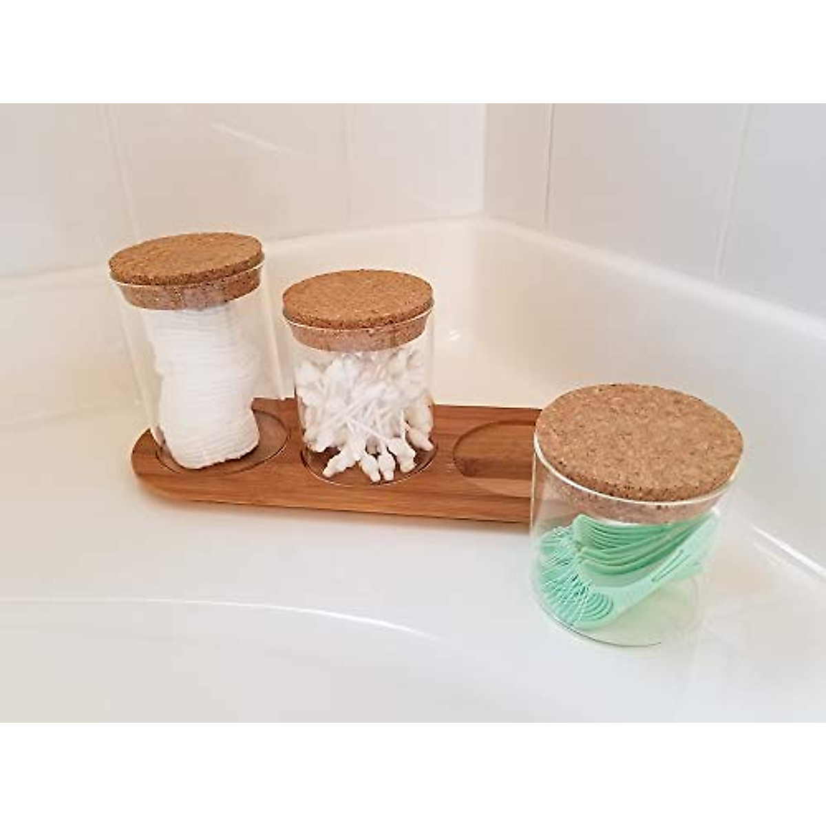 SplashSoup Glass Jar Set on Bamboo Tray, Natural Cork Lids, Bath Item Qtip Cotton Ball Canisters, Seasonal Display Decor, Centerpiece