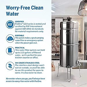 ProOne Traveler+ Stainless-Steel Gravity Water-Filter System, 2.25-Gallon Water Capacity, Countertop Water Dispenser for Home and Travel with Two 7-Inch Filter and Wire Stand