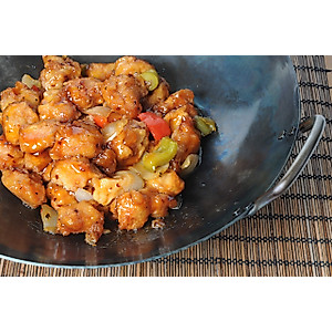 Chef's Medal Traditional Hand Hammered Carbon Steel Pow Wok with Bamboo and Steel Helper Handle - 14 Inch, Round Bottom