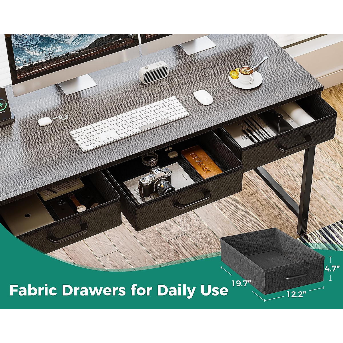 AODK L Shaped Computer Desk with Fabric Drawers and File Cabinet, 61" Reversible Home Office Workstation Desk with Power Outlets & Host Stand, Corner Gaming Table with Storage Shelves, Grey Oak