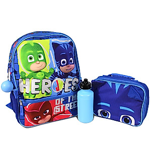 PJ Masks Girls & Boys Toddler 4 Piece Backpack Set for Kindergarten; Catboy, Gekko,& Owlette Travel School Bag w/Front Zip Pocket, Insulated Lunch Box, H2O Bottle, & Squish Ball Dangle