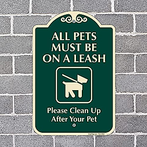 SmartSign Designer "All Pets Must Be On A Leash - Clean Up After Your Pet" Sign, 12" x 18", 120 mil Aluminum Composite (ACM) with Overcoat, Green, Made in USA