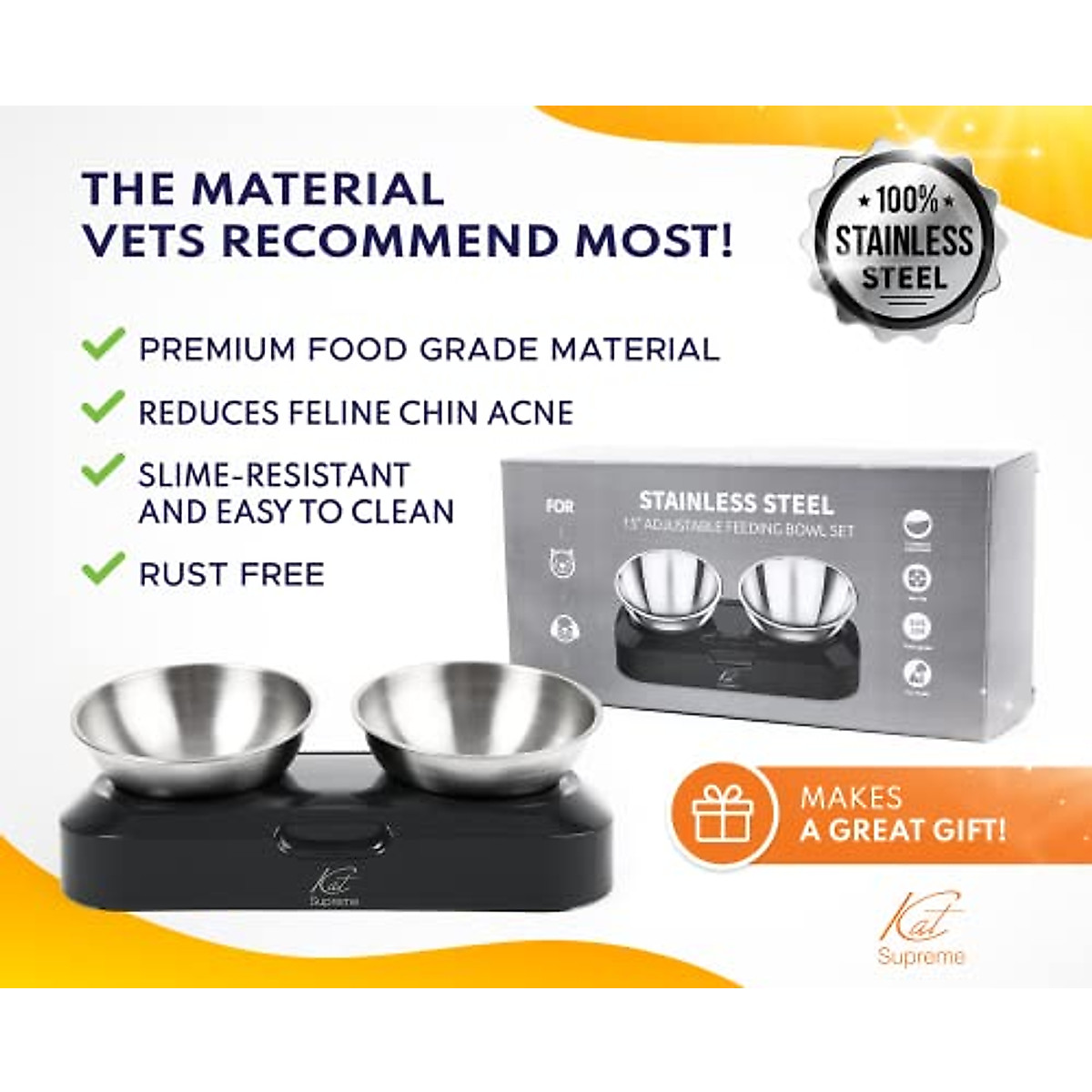 KatSupreme Tilted Cat Food Bowls - Raised Cat Food Bowls, Anti Vomiting Cat Bowl Set, Stainless Steel Cat Bowls with Stand, Orthopedic Cat Bowl, Elevated Cat Bowls Set