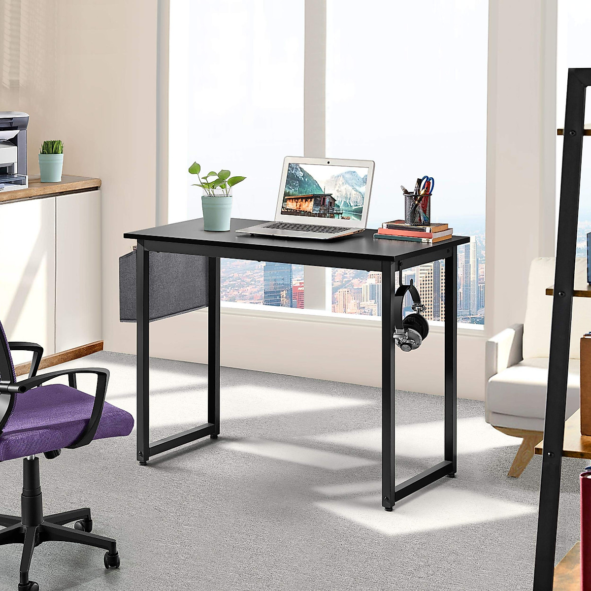Yaheetech Home Office Modern Desk & Chair Set, Simple Computer Desk 40 Inch with Mesh Mid-Back Height Adjustable Office Chair, Long Writing/Work Desk, Mesh Swivel Chair with Lumbar Support, Black