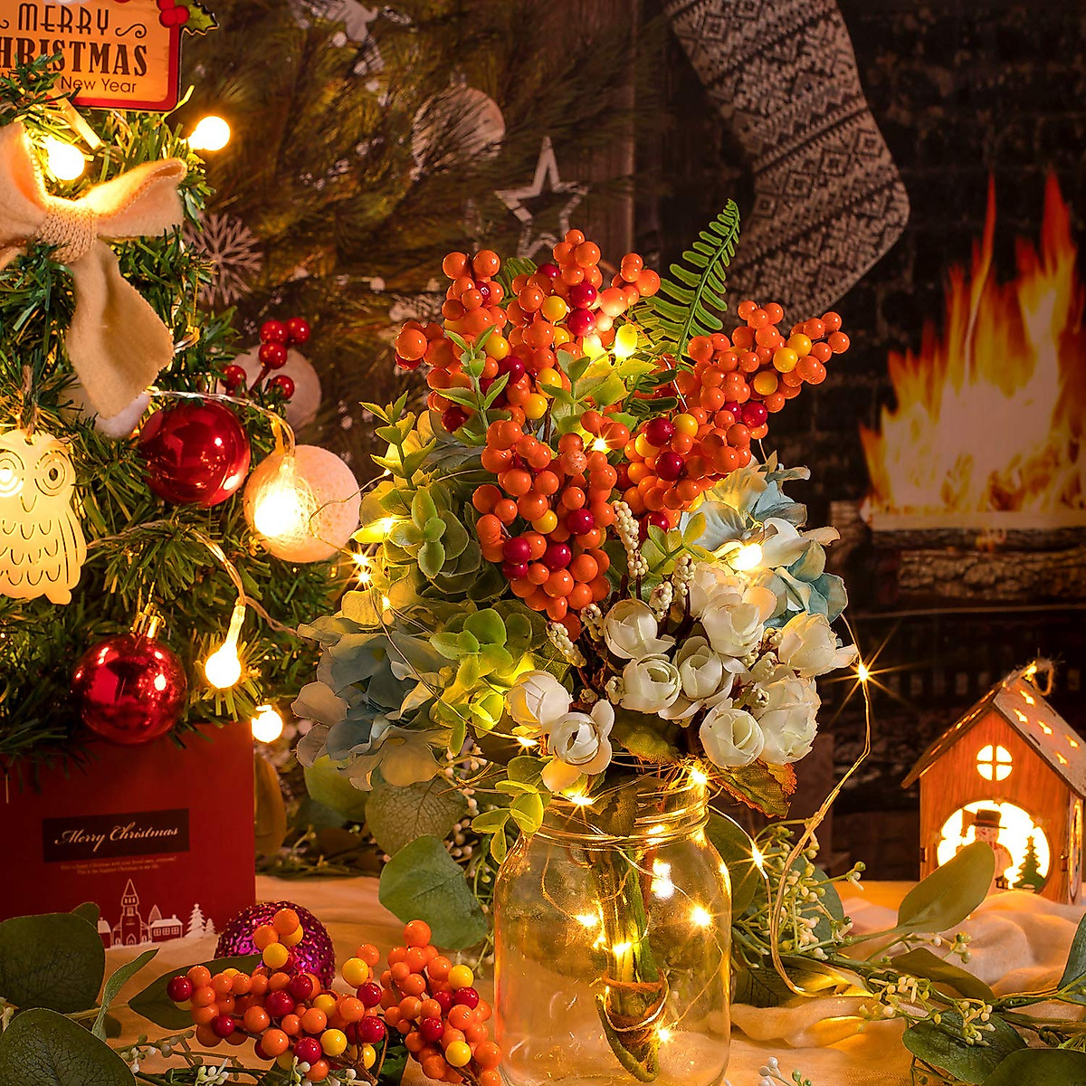 Whaline Autumn Orange Berry Twig Stem, 12 Pack Artificial Orange Berry Picks for Fall Decor, Christmas Tree Decorations, Crafts, Wedding, Holiday Home Decoration