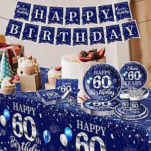 142 Pcs 60th Birthday Tableware Set Decorations Sliver and Blue 60th Happy Birthday Party Supplies for Men Women Birthday Tablecloth,Plates, Napkins, Cups,Forks and Knives