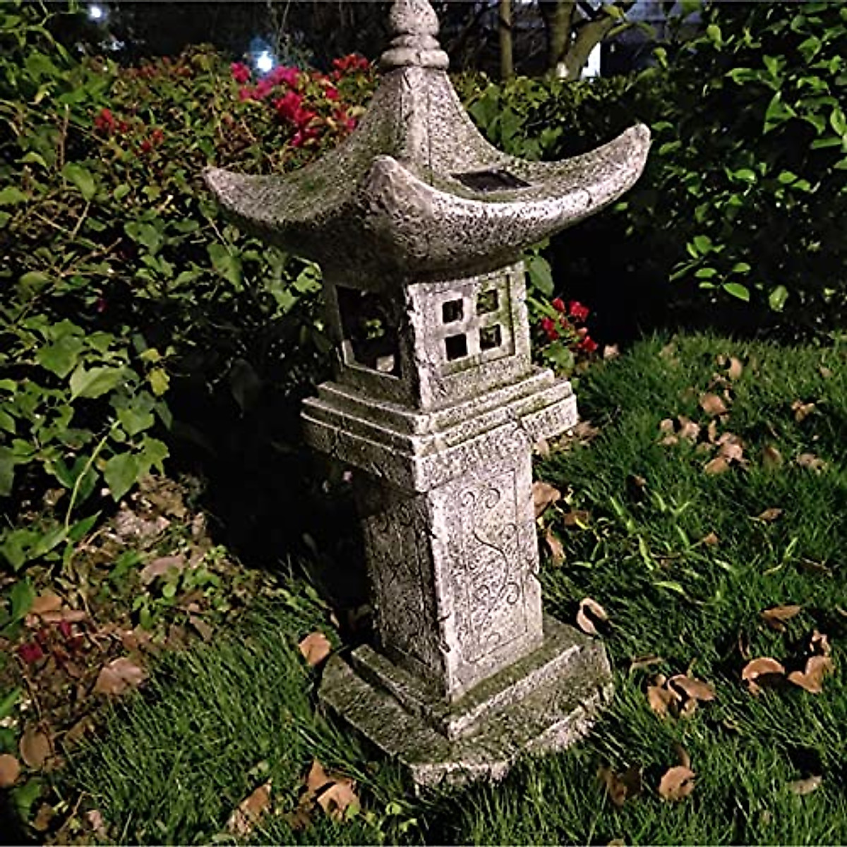 L-JTLYM Solar Lights Outdoor Garden Decor, LED Solar Powered Lighthouse, No Need to Connect, Pagoda Lantern Garden Statue, Hand-Carved, for Tabletop,Ground,Patio,Courtyard Decoration, Grey Finish