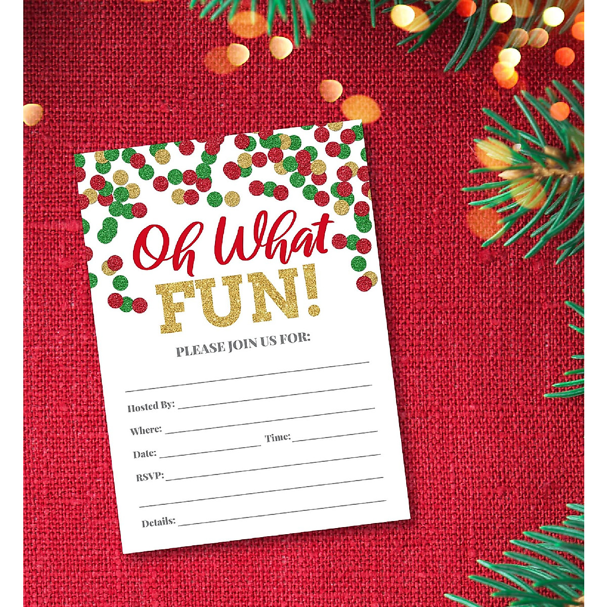 20 Holiday Party Invitations Oh What Fun with Red, Green and Gold Dots, (NOT real glitter) Christmas Eve, Office, Church, Bridal or Baby Shower, Friend, Family or Neighbor Season Events