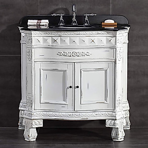 Ove Decors Islay 36 in. Bathroom Vanity and Sink Combo Carved Cabinet with Black Granite Top | Backsplash Included, 35 inches, Antique White Gold Brushed