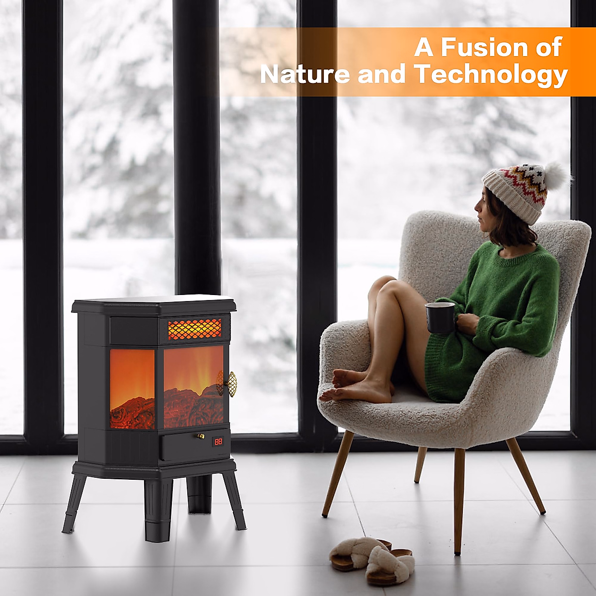 Electric Fireplace Heater 22'' Freestanding Fireplace Stove Infrared Fireplace RealSmart with 3D Flame Effect Remote Control, Timer, Overheating Protection Heater for Indoor Use Black