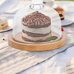 GANAZONO Household Cake Cupcake Holder Container, Food Holder with Wooden Base and Glass Lid Cake Display Dessert Storage Tray （ Glass Cover+ Tray ）