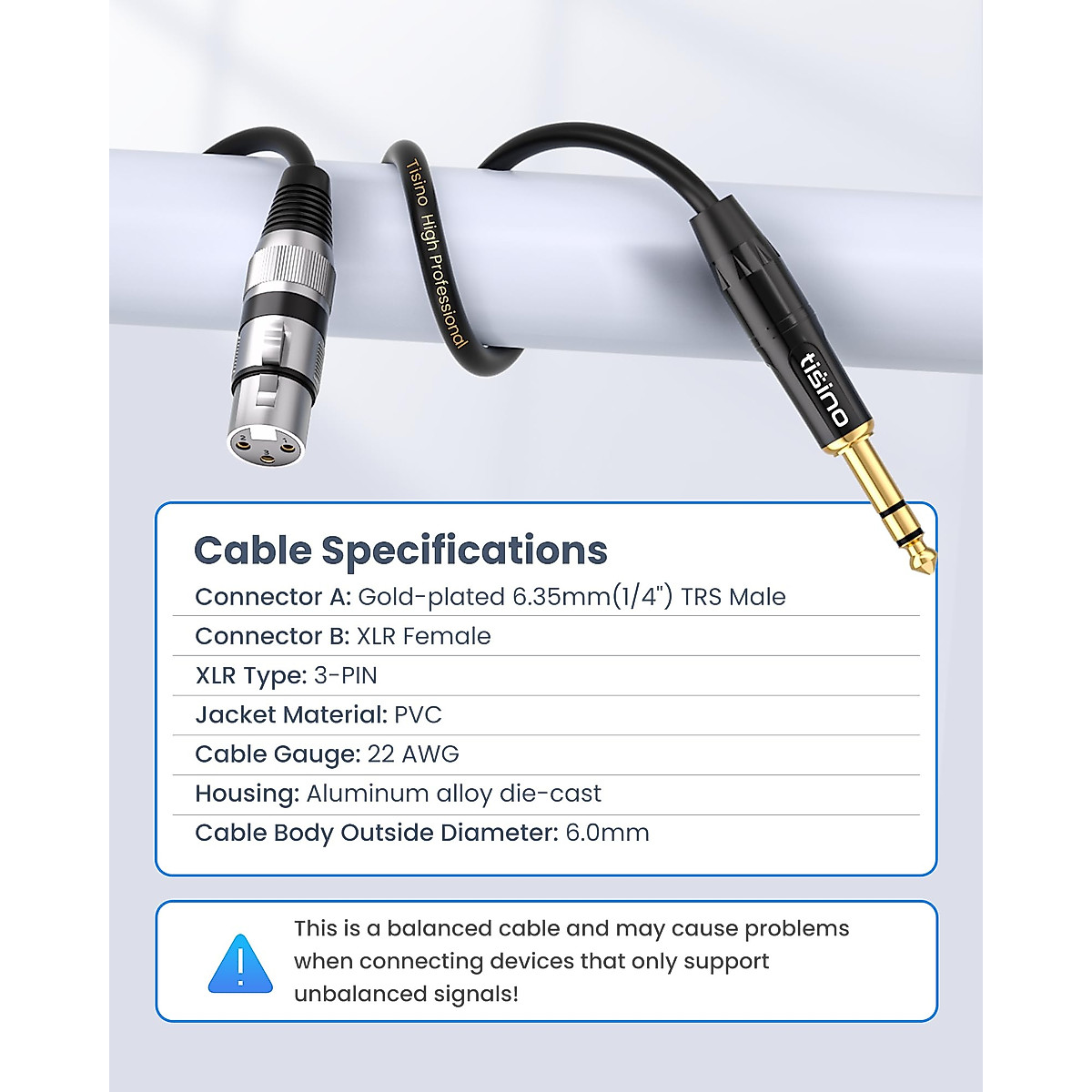tisino XLR Female to 1/4 Inch (6.35mm) TRS Jack Lead Balanced Signal Interconnect Cable XLR to Quarter inch Patch Cable - 3.3 Feet