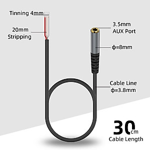 (2 Pack) 1ftReplacement 3.5mm Female Jack to Bare Wire Open End TRS 3 Pole Stereo 1/8" 3.5mm Jack Plug Connector Audio Cable for Headphone Headset Earphone Cable Repair