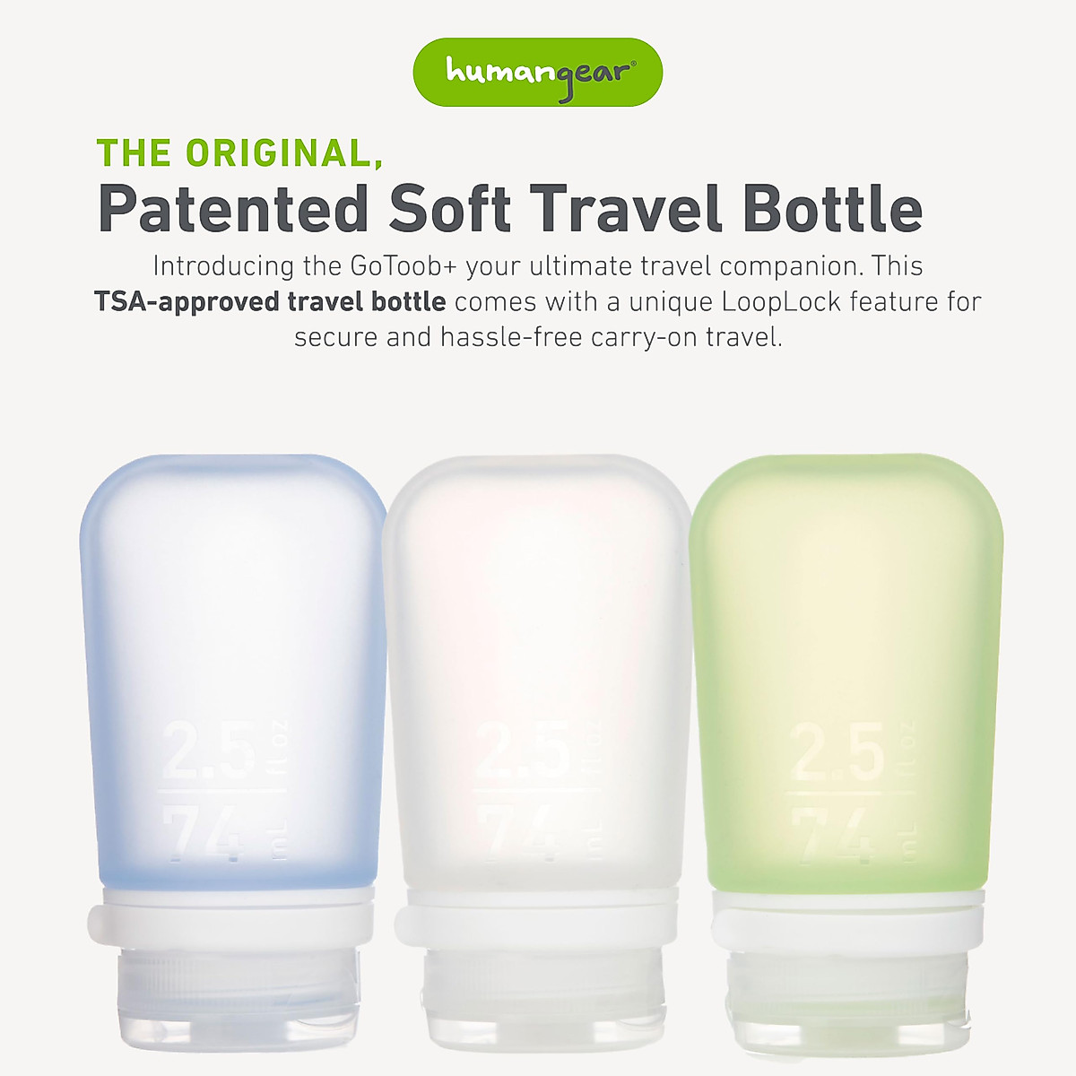 humangear GoToob+ 3-Pack (Medium) | Refillable Silicone Travel Bottle | Locking Lid | Food-Safe Material, Clear/Green/Blue, Medium (2.5 fl.oz.; 74ml)