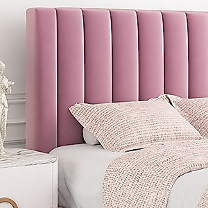 Allewie Full Bed Frame/Velvet Upholstered Bed Frame with Vertical Channel Tufted Headboard/Strong Wooden Slats/Platform Bed Frame/Mattress Foundation/Box Spring Optional/Easy Assembly/Pink…